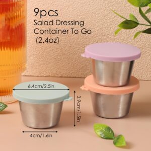 Moretoes 9pcs Salad Dressing Container To Go, 2.4oz Mini Condiment Containers with Lids for Bento Boxes and On-the-Go Meals（Morandi - Colored