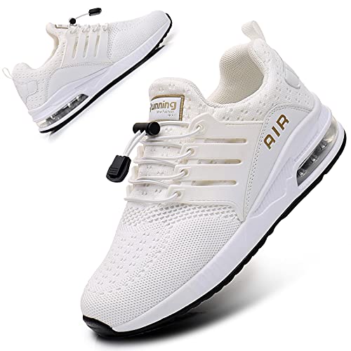 BOGOVER Womens Lightweight Air Running Shoes, Breathable Gym Jogging Running Tennis Sneakers with Air Cushion,No Tie White 7.5