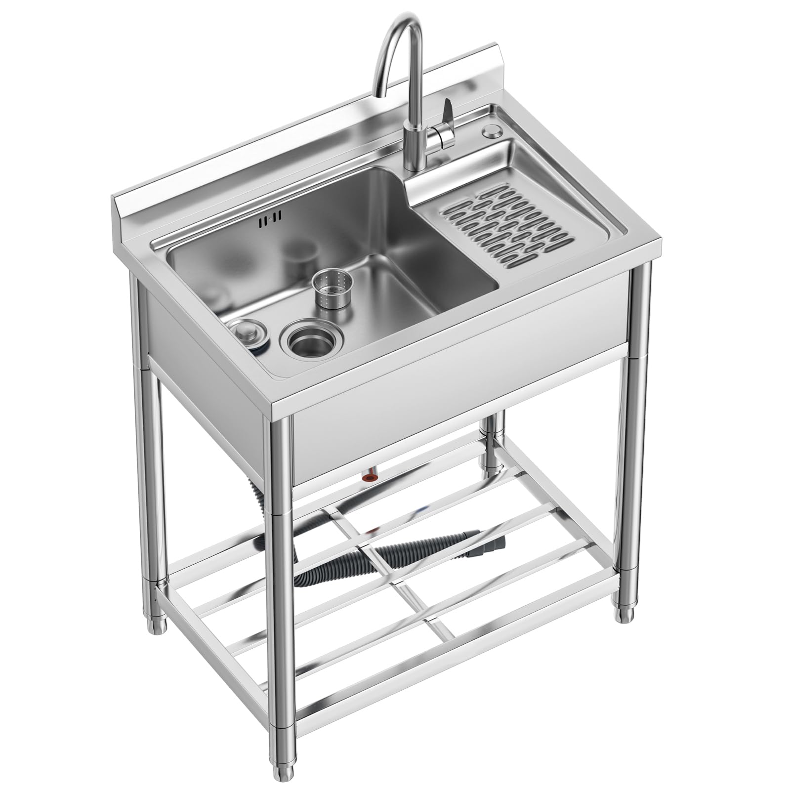 Stainless Steel Utility Sink, Free Standing Laundry Sink with Washboard, Laundry Tub Sink with Cold and Hot Water Faucet for Laundry Room Kitchen Garage Basement Shop Garden, Indoor and Outdoor Sink