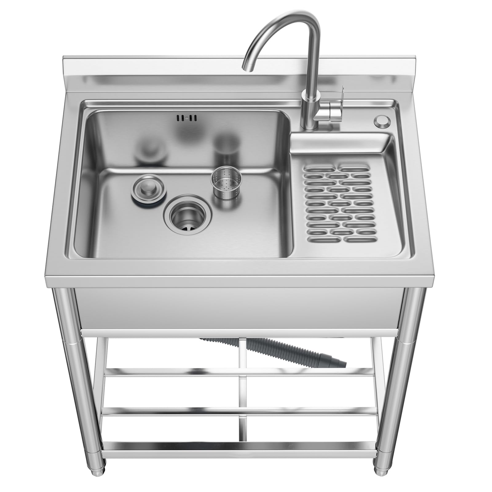 Stainless Steel Utility Sink, Free Standing Laundry Sink with Washboard, Laundry Tub Sink with Cold and Hot Water Faucet for Laundry Room Kitchen Garage Basement Shop Garden, Indoor and Outdoor Sink