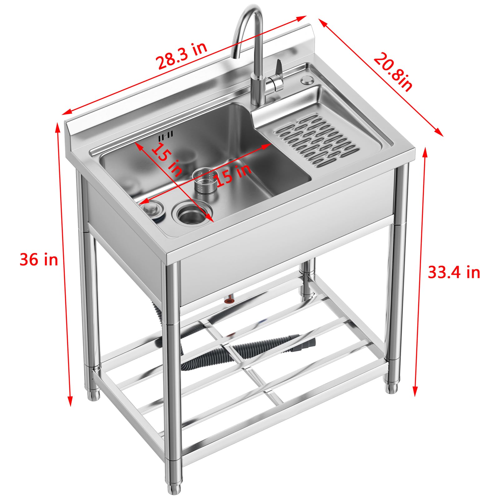 Stainless Steel Utility Sink, Free Standing Laundry Sink with Washboard, Laundry Tub Sink with Cold and Hot Water Faucet for Laundry Room Kitchen Garage Basement Shop Garden, Indoor and Outdoor Sink