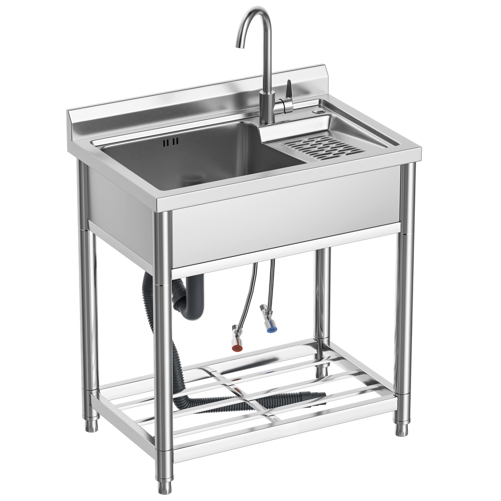 Stainless Steel Utility Sink, Free Standing Laundry Sink with Washboard, Laundry Tub Sink with Cold and Hot Water Faucet for Laundry Room Kitchen Garage Basement Shop Garden, Indoor and Outdoor Sink