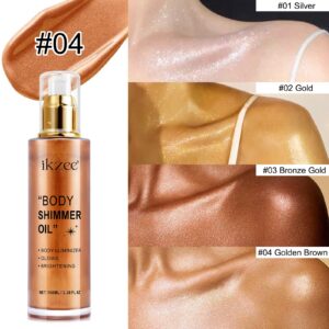 Body Shimmer Oil,Shimmering Body Oil,Bronze Face Brighten Glow Pearl Highlighter Illuminator Body Makeup Shine Glitter,Summer Body Glitter Moisturizing Glow Body Luminizer(3.4 Fl Oz)