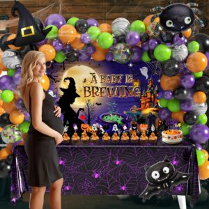 Halloween Gender Reveal Decorations Pack A Baby Is Brewing Party Supplies Include Balloons Tablecloth Backdrop Cake Topper 3D Bat Spider Wall Sticker Baby Shower Decorations Kits (Gender-01)