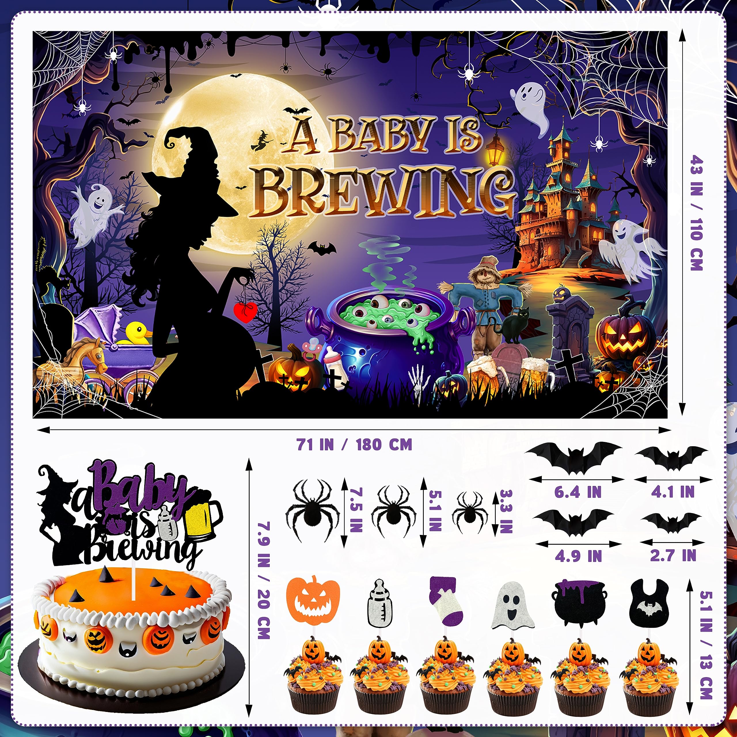 Halloween Gender Reveal Decorations Pack A Baby Is Brewing Party Supplies Include Balloons Tablecloth Backdrop Cake Topper 3D Bat Spider Wall Sticker Baby Shower Decorations Kits (Gender-01)