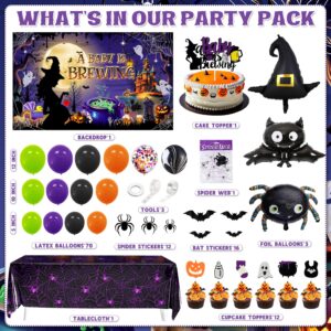 Halloween Gender Reveal Decorations Pack A Baby Is Brewing Party Supplies Include Balloons Tablecloth Backdrop Cake Topper 3D Bat Spider Wall Sticker Baby Shower Decorations Kits (Gender-01)