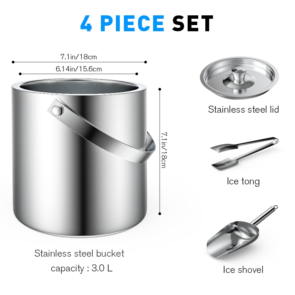 3L Double Wall Stainless Steel Ice Bucket with Lid,Scoop,Tongs, Insulated Ice Bucket for Cocktail Bar and Parties