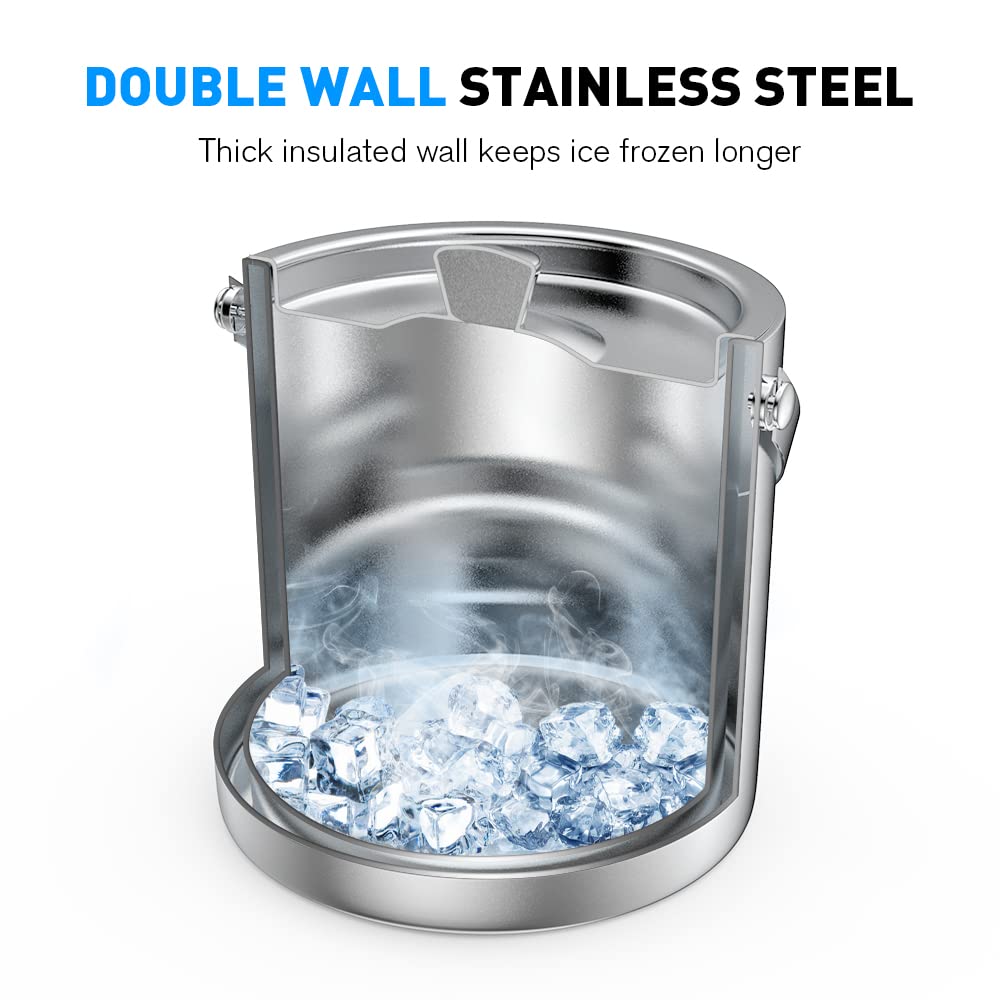 3L Double Wall Stainless Steel Ice Bucket with Lid,Scoop,Tongs, Insulated Ice Bucket for Cocktail Bar and Parties