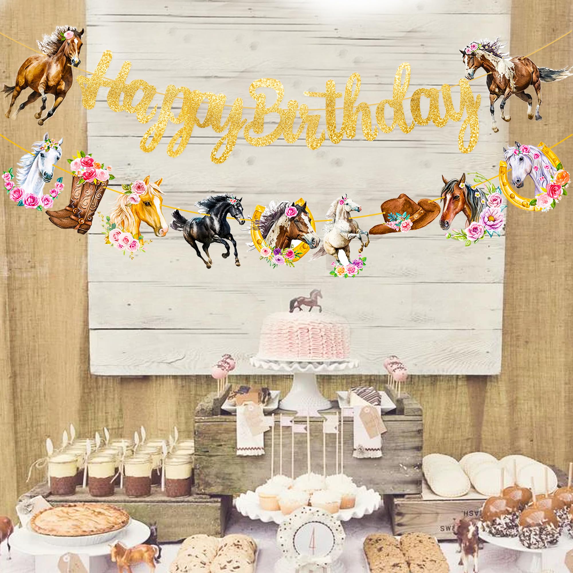 Cowgirl Happy Birthday Banner Cowgirl Birthday Party Supplies Glitter Western Cowgirl Theme Birthday Banners Decorations for Western Girl’s Birthday Party Horse Birthday Party Baby Shower Supplies