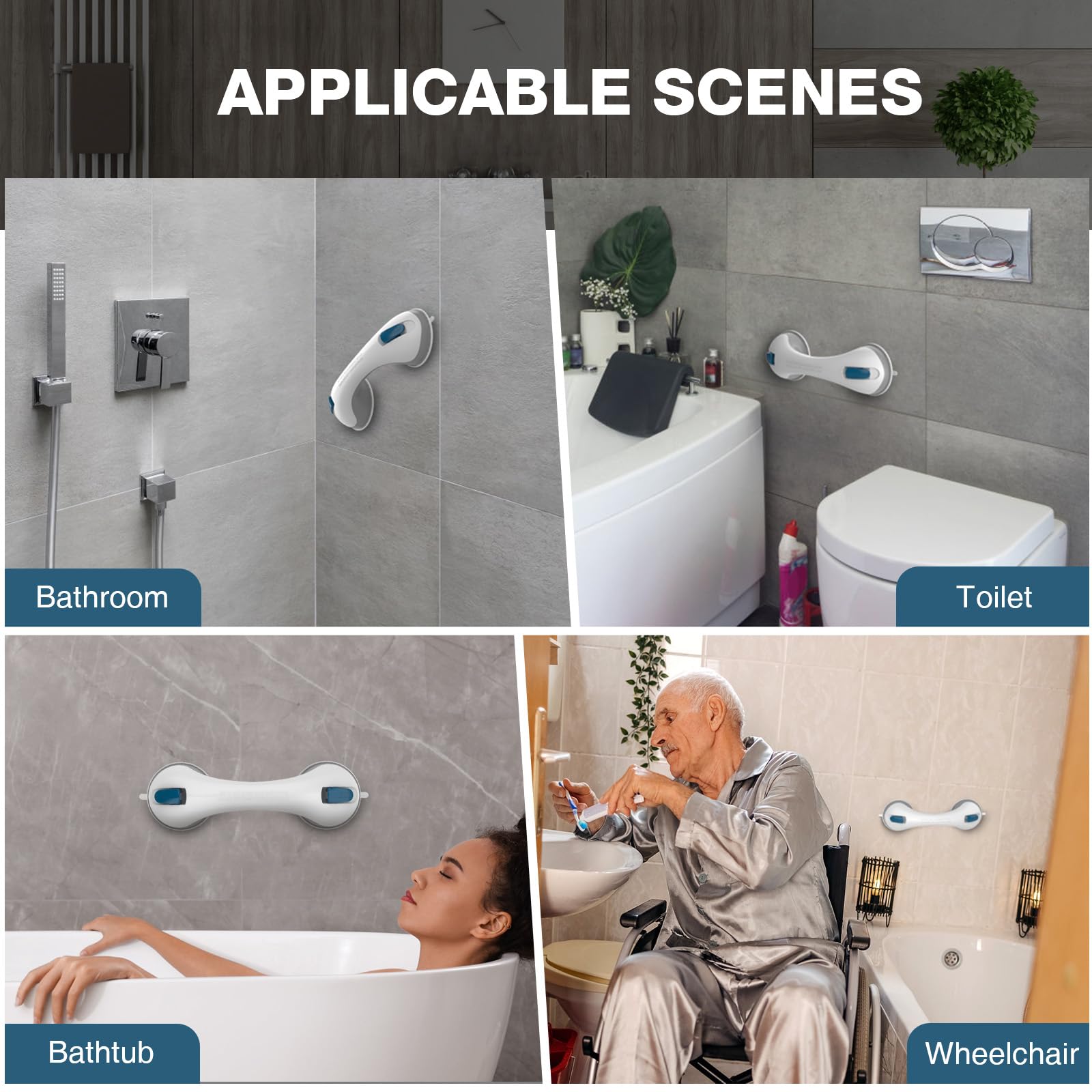 Wekin Shower Handles with Strong Suction Cups, 12 Inch Assistance Suction Grab Bars for Bathroom Showers, Durable and Non-Slip, Perfect Grip Handrail for Elderly, Limited Mobility, Handicapped -2 Pack