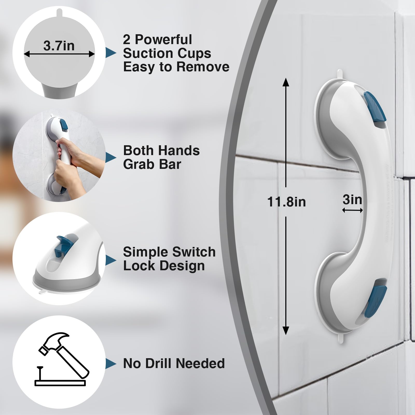 Wekin Shower Handles with Strong Suction Cups, 12 Inch Assistance Suction Grab Bars for Bathroom Showers, Durable and Non-Slip, Perfect Grip Handrail for Elderly, Limited Mobility, Handicapped -2 Pack