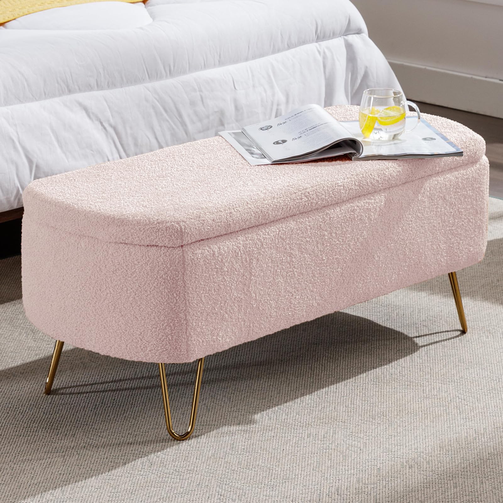 Sudwesto Modern Storage Ottoman Bench, Vintage Faux Fur Entryway Bench, End of Bed Bench with Gold Legs, Upholstered Padded Bench for Living Room, Bedroom, Entryway (Pink)