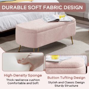 Sudwesto Modern Storage Ottoman Bench, Vintage Faux Fur Entryway Bench, End of Bed Bench with Gold Legs, Upholstered Padded Bench for Living Room, Bedroom, Entryway (Pink)