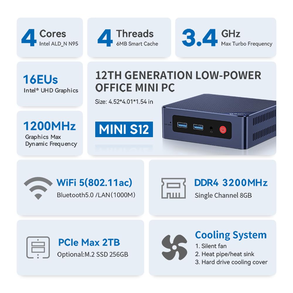 Beelink Mini S12 Mini PC with Alder Lake-N95 (Turbo 3.4G), DDR4 8GB/256GB M.2 PCIe SSD 2280, Dual-Screen Display, WiFi 5, 1000Mbps LAN, Dual HDMI, BT 5.0