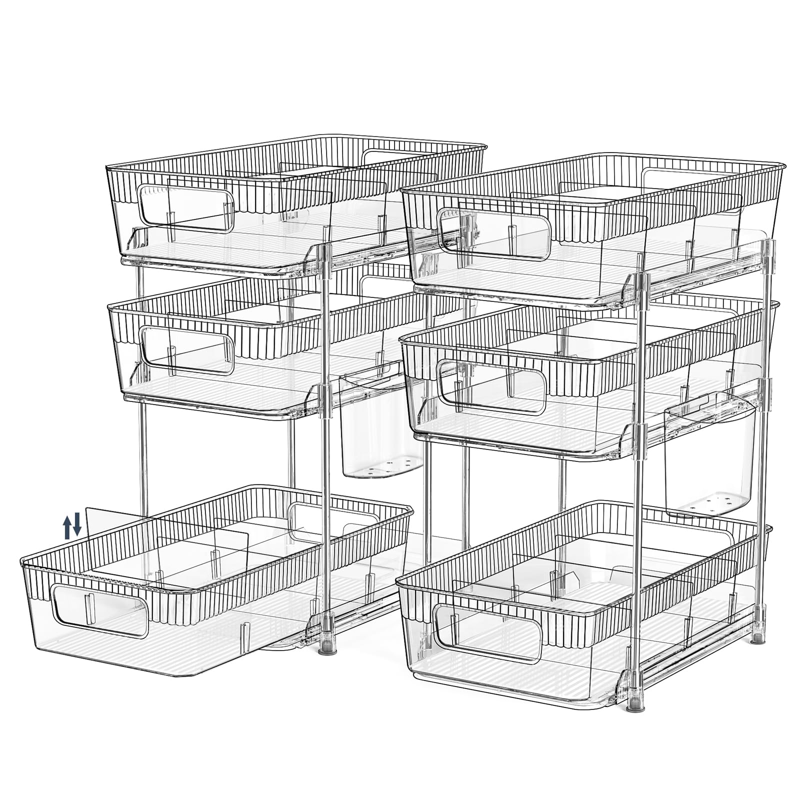 2 Pcs 3 Tier Clear Bathroom Organizer with Dividers, Multi-Purpose Pull-Out Pantry Organization and Storage, Under Sink Closet Organizers and Storage