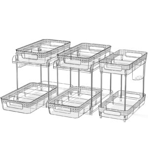 rikojuxi 3 packs 2 tier under sink organizer with removable dividers and stackable design, multi-use pantry organizers and storage, pull out cabinet organizer bathroom counter organizer