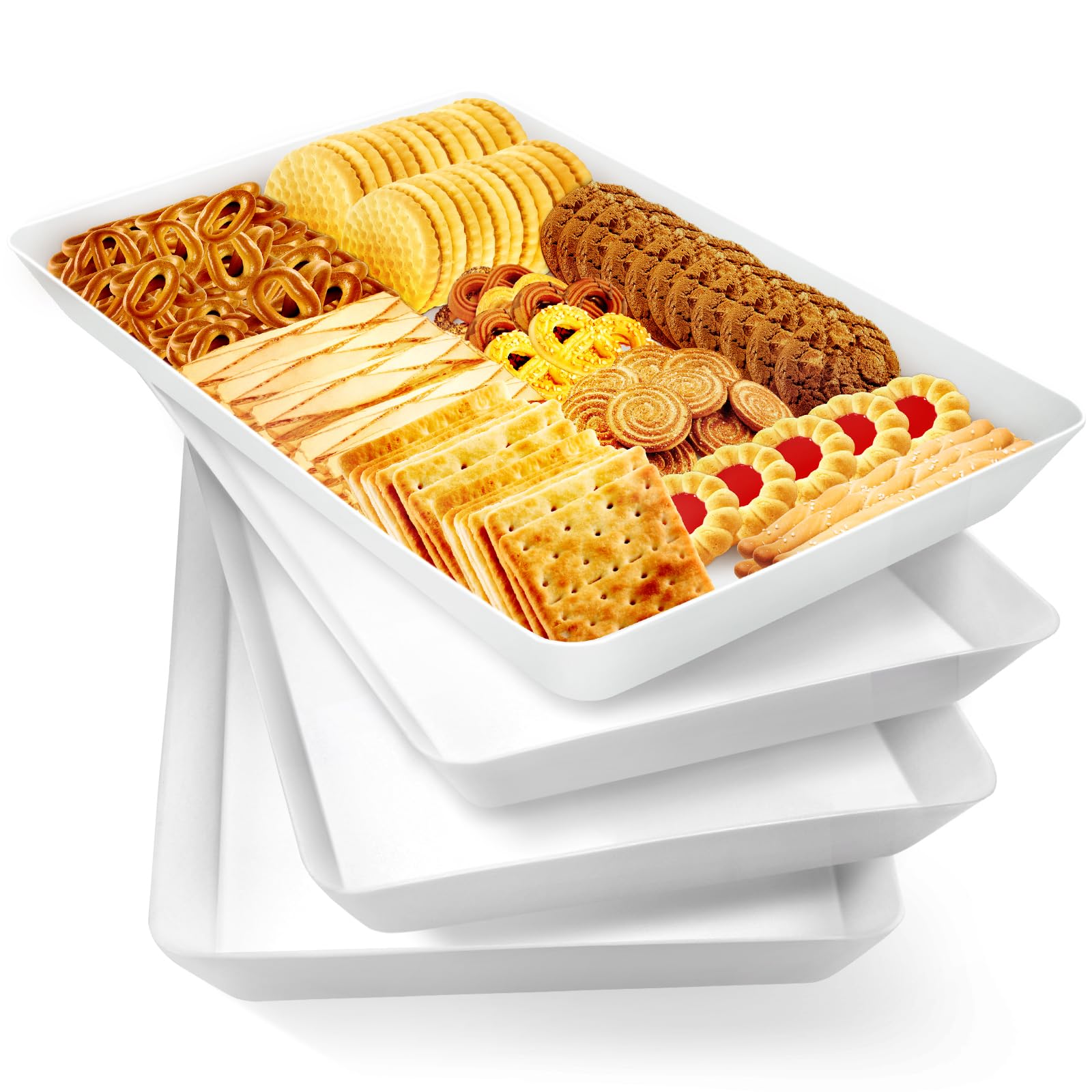 WOWBOX 4 pcs Serving Tray for Entertaining, Serving Platters for Fruit, Cookies, Dessert, Snacks, Reusable Plastic Trays for Serving Food and Pantry Organization in Kitchen & for Parties