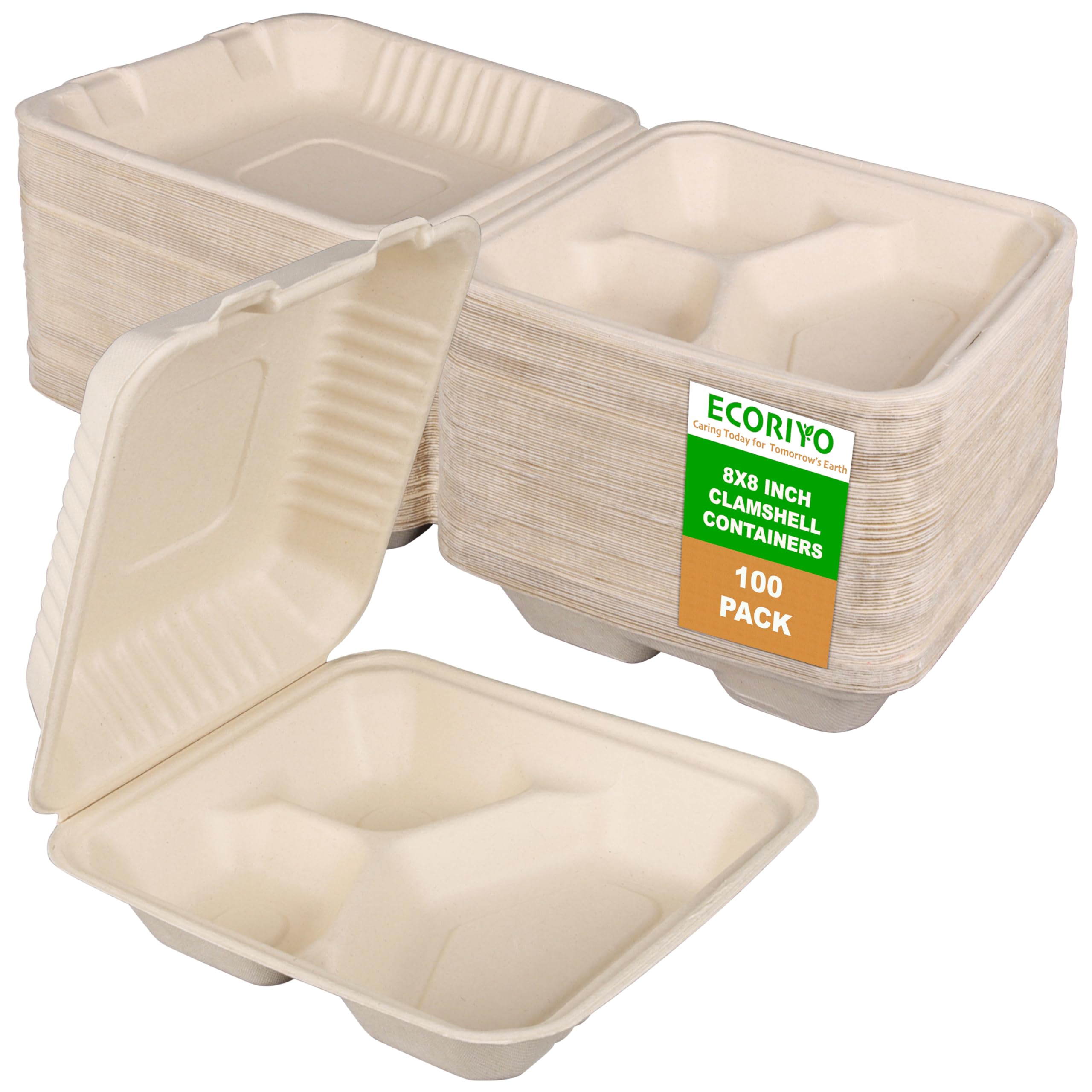 ECORIYO 3 Compartment To Go Containers with Lids – 100-Pack of Take Out Boxes, Disposable Food Containers, Sugarcanes Biodegradable Togo Plates - Paper Clamshell Box for Lunch, Cake, Dessert