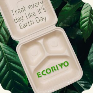 ECORIYO 3 Compartment To Go Containers with Lids – 100-Pack of Take Out Boxes, Disposable Food Containers, Sugarcanes Biodegradable Togo Plates - Paper Clamshell Box for Lunch, Cake, Dessert