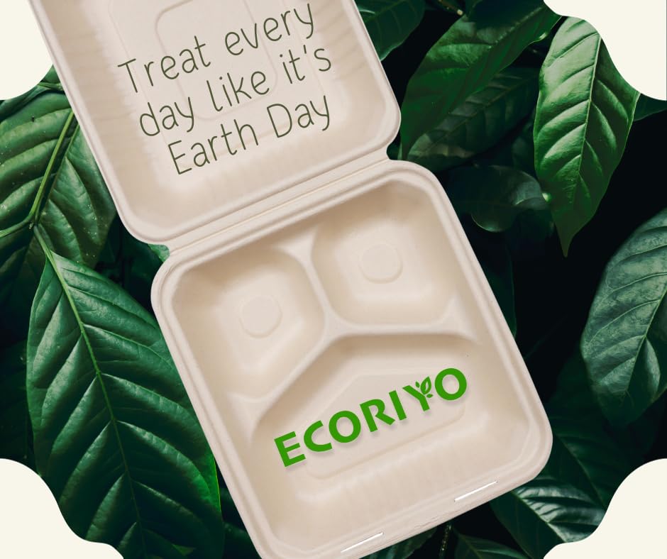 ECORIYO 3 Compartment To Go Containers with Lids – 100-Pack of Take Out Boxes, Disposable Food Containers, Sugarcanes Biodegradable Togo Plates - Paper Clamshell Box for Lunch, Cake, Dessert