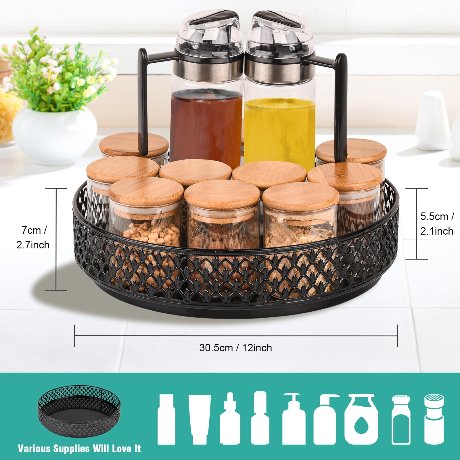 Lindeza Lazy Susan Organizer, 12Inch Lazy Susan Turntable Organizer for Cabinet Table, Metal Rotating Spice Rack, Turntable Organizer with Non-Slip Pad for Kitchen, Fridge, Bathroom, Pantry, Vanity