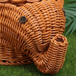 STOBAZA Elephant Rattan Storage Basket Woven Wicker Bin Hand Woven Shelf Organizer Cute Handmade Nursery Gift Animal Artwork Decoration for Vegetable Food Snack Storage Brown 20X20CM