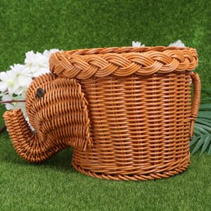 STOBAZA Elephant Rattan Storage Basket Woven Wicker Bin Hand Woven Shelf Organizer Cute Handmade Nursery Gift Animal Artwork Decoration for Vegetable Food Snack Storage Brown 20X20CM