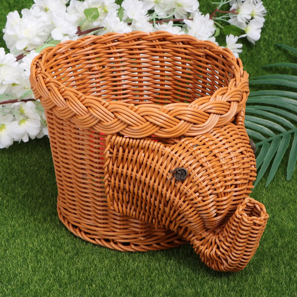 STOBAZA Elephant Rattan Storage Basket Woven Wicker Bin Hand Woven Shelf Organizer Cute Handmade Nursery Gift Animal Artwork Decoration for Vegetable Food Snack Storage Brown 20X20CM