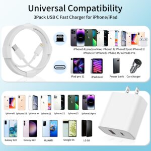 iPhone Fast Charger [MFi Certified], 3 Pack 20W Dual Port QC + PD 3.0 Power USB C Wall Charger Adapter with 6FT Lightning Cable Compatible with iPhone 14/13/12/Pro/Pro Max/XS/X/SE and More