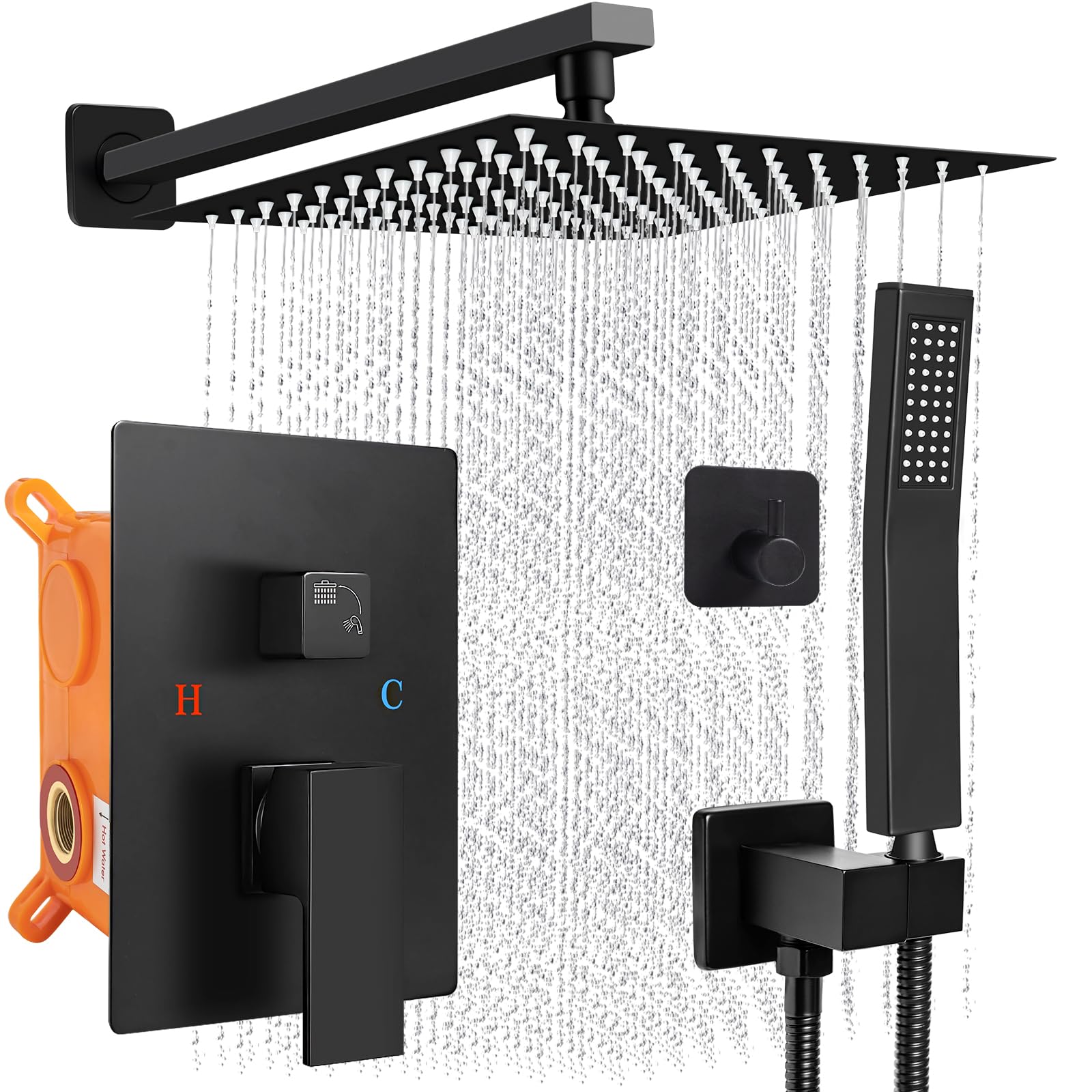 Anysig Shower Faucet Set, 12" Matte Black Shower Head and Handle Set, Rainfall Shower System with Square Rain Shower Head and High Pressure Handheld Spray, Shower Valve and Trim Kit Wall Mounted