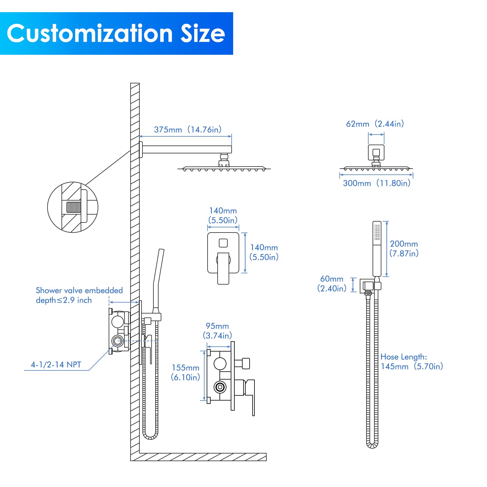 Anysig Shower Faucet Set, 12" Matte Black Shower Head and Handle Set, Rainfall Shower System with Square Rain Shower Head and High Pressure Handheld Spray, Shower Valve and Trim Kit Wall Mounted