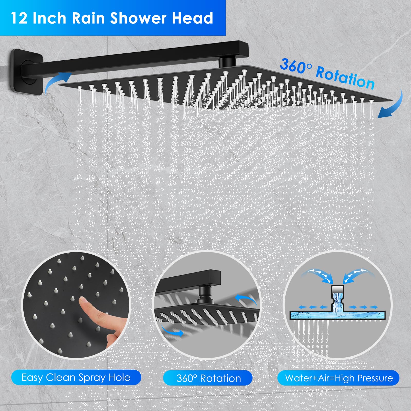 Anysig Shower Faucet Set, 12" Matte Black Shower Head and Handle Set, Rainfall Shower System with Square Rain Shower Head and High Pressure Handheld Spray, Shower Valve and Trim Kit Wall Mounted