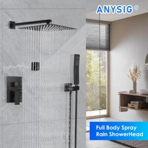 Anysig Shower Faucet Set, 12" Matte Black Shower Head and Handle Set, Rainfall Shower System with Square Rain Shower Head and High Pressure Handheld Spray, Shower Valve and Trim Kit Wall Mounted