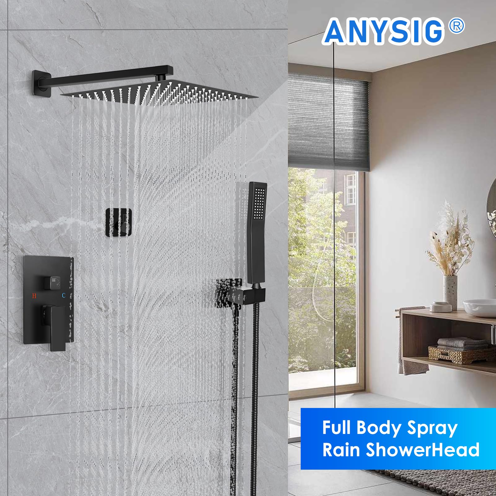 Anysig Shower Faucet Set, 12" Matte Black Shower Head and Handle Set, Rainfall Shower System with Square Rain Shower Head and High Pressure Handheld Spray, Shower Valve and Trim Kit Wall Mounted