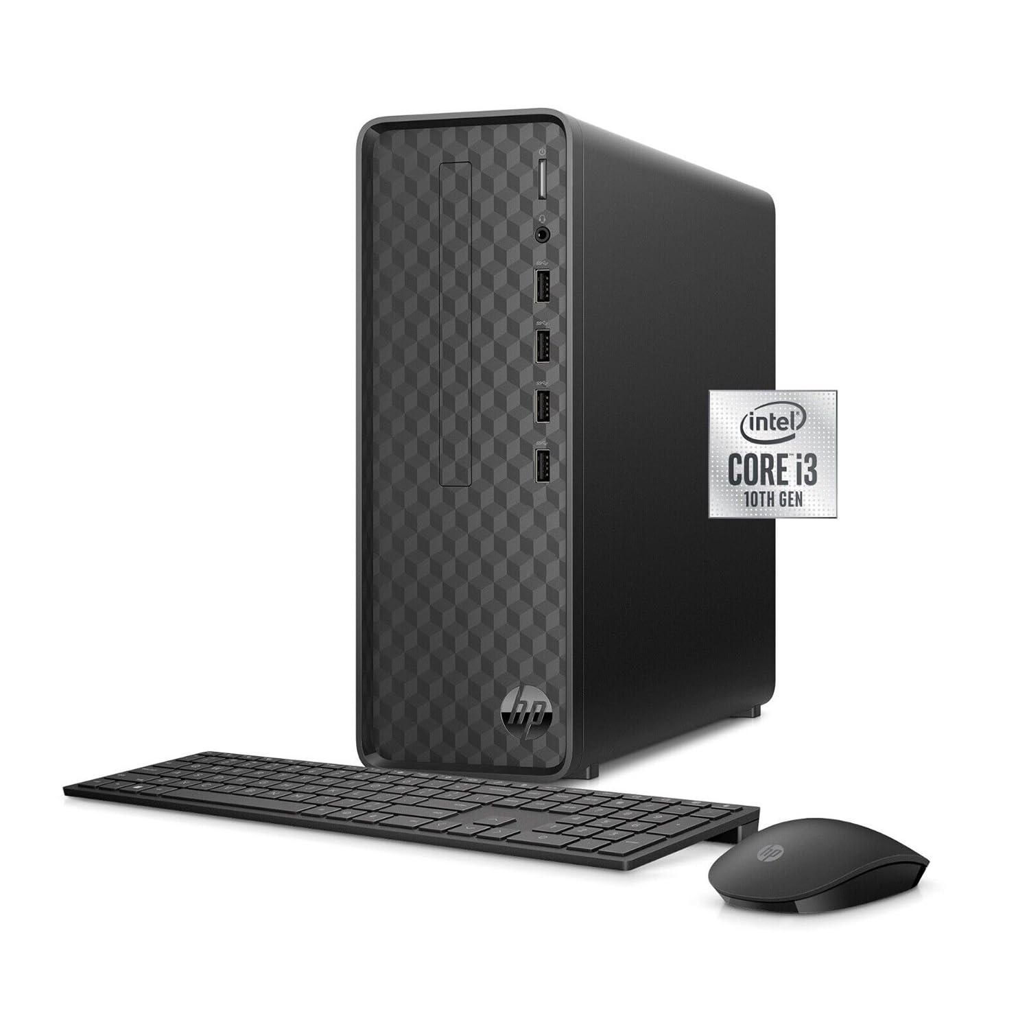 HP Slim Desktop, Intel Core i3-10105 Processor, 12GB DDR4 RAM, 512GB PCIe M.2 SSD, HDMI, RJ-45, Wireless Keyboard & Mouse, Wi-Fi, Windows 11 Home, Black