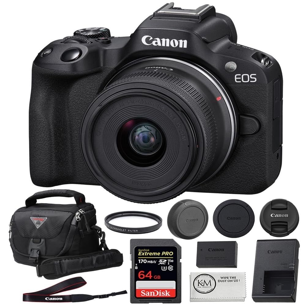 Canon EOS R50 Mirrorless Camera with 18-45mm Lens | Black Bundled with 64GB Memory Card + 49mm UV Filter + Camera Case with Rain Cover + Microfiber Cleaning Cloth (5 Items)