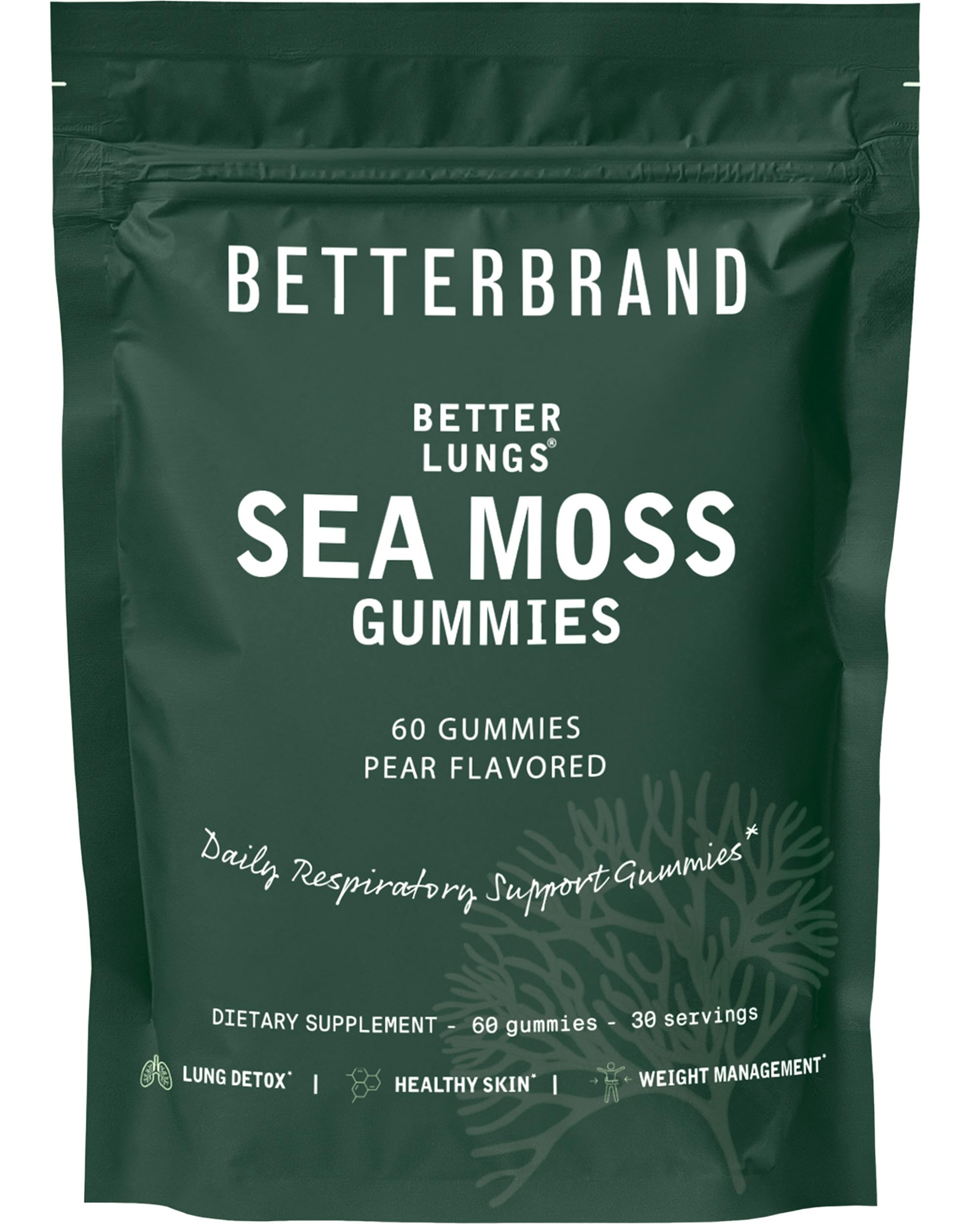 Betterbrand BetterLungs Pear Flavored Sea Moss Gummies - 1600mg Bladderwrack & Burdock Root for Lung & Immune Support, 60 Count