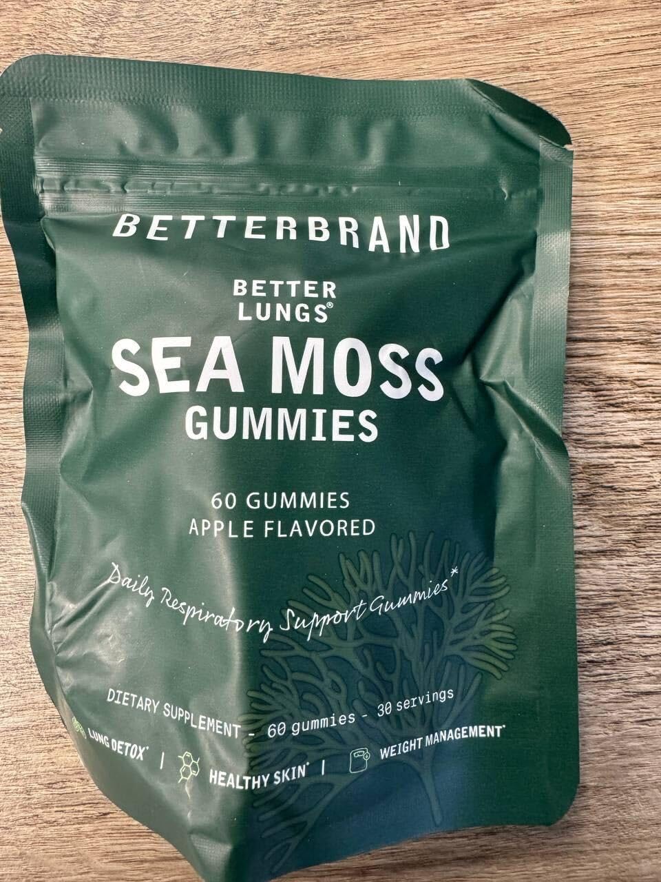 Betterbrand BetterLungs Pear Flavored Sea Moss Gummies - 1600mg Bladderwrack & Burdock Root for Lung & Immune Support, 60 Count