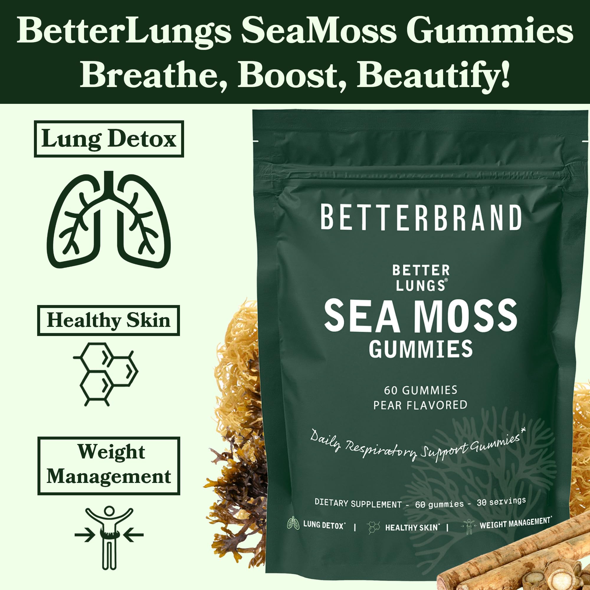 Betterbrand BetterLungs Pear Flavored Sea Moss Gummies - 1600mg Bladderwrack & Burdock Root for Lung & Immune Support, 60 Count