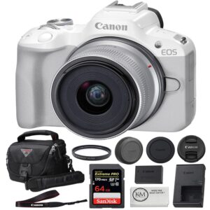 canon eos r50 mirrorless camera with 18-45mm lens | white bundled with 64gb memory card + 49mm uv filter + camera case with rain cover + microfiber cleaning cloth (5 items)