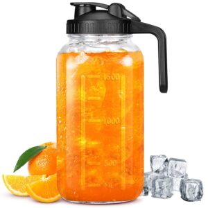 nevfiro mason jar pitcher with pour spout handle lid, 2 quart(64oz) thick glass pitcher with lid, leak-proof glass pitcher wide mouth for brew coffee, ice beverage, juice, lemonade, sun tea