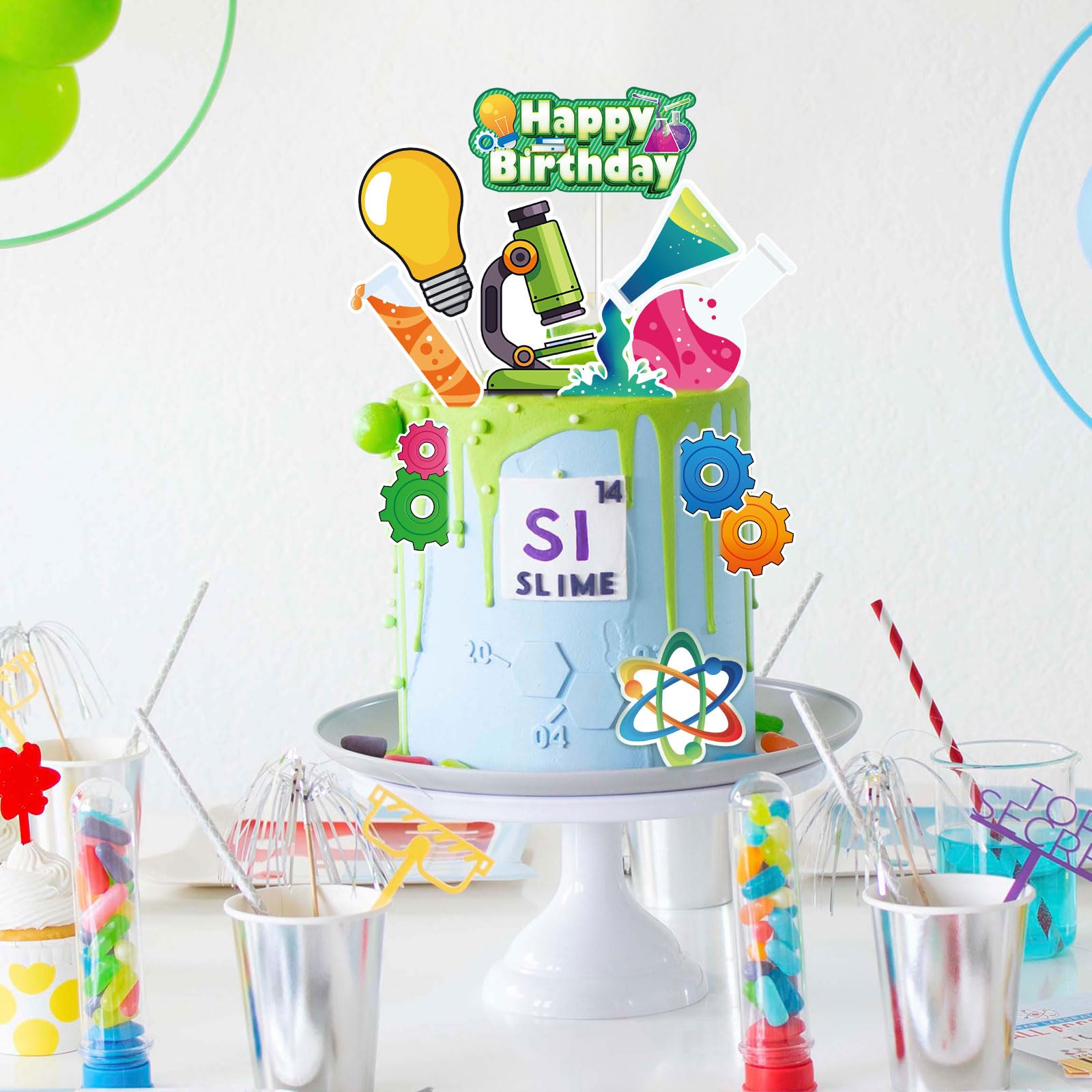 JUYRLE Science Cake Toppers- 21Pcs Mad Scientist Chemistry Theme Party Decorations with Microscope Science Party Favors Science Birthday Party Supplies for Boys Girls Kids Baby Shower