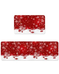 lusweet xmas kitchen mat 2 piece christmas kitchen rugs non slip winter snowflake mats soft glitter sparkle kitchen runner rug water absorbent red floor mat for kitchen,sink,laundry 16"x24"+16"x47"