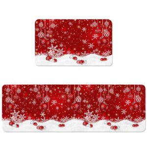 LUSWEET Xmas Kitchen Mat 2 Piece Christmas Kitchen Rugs Non Slip Winter Snowflake Mats Soft Glitter Sparkle Kitchen Runner Rug Water Absorbent Red Floor Mat for Kitchen,Sink,Laundry 16"x24"+16"x47"