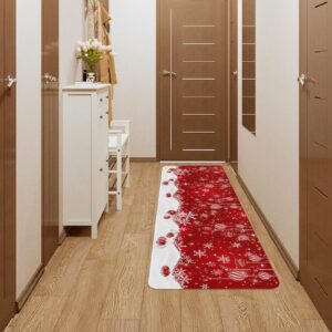 LUSWEET Xmas Kitchen Mat 2 Piece Christmas Kitchen Rugs Non Slip Winter Snowflake Mats Soft Glitter Sparkle Kitchen Runner Rug Water Absorbent Red Floor Mat for Kitchen,Sink,Laundry 16"x24"+16"x47"