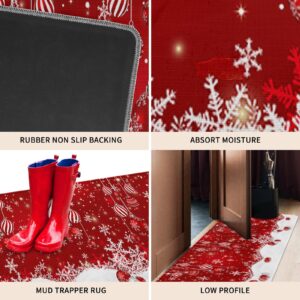 LUSWEET Xmas Kitchen Mat 2 Piece Christmas Kitchen Rugs Non Slip Winter Snowflake Mats Soft Glitter Sparkle Kitchen Runner Rug Water Absorbent Red Floor Mat for Kitchen,Sink,Laundry 16"x24"+16"x47"