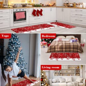 LUSWEET Xmas Kitchen Mat 2 Piece Christmas Kitchen Rugs Non Slip Winter Snowflake Mats Soft Glitter Sparkle Kitchen Runner Rug Water Absorbent Red Floor Mat for Kitchen,Sink,Laundry 16"x24"+16"x47"