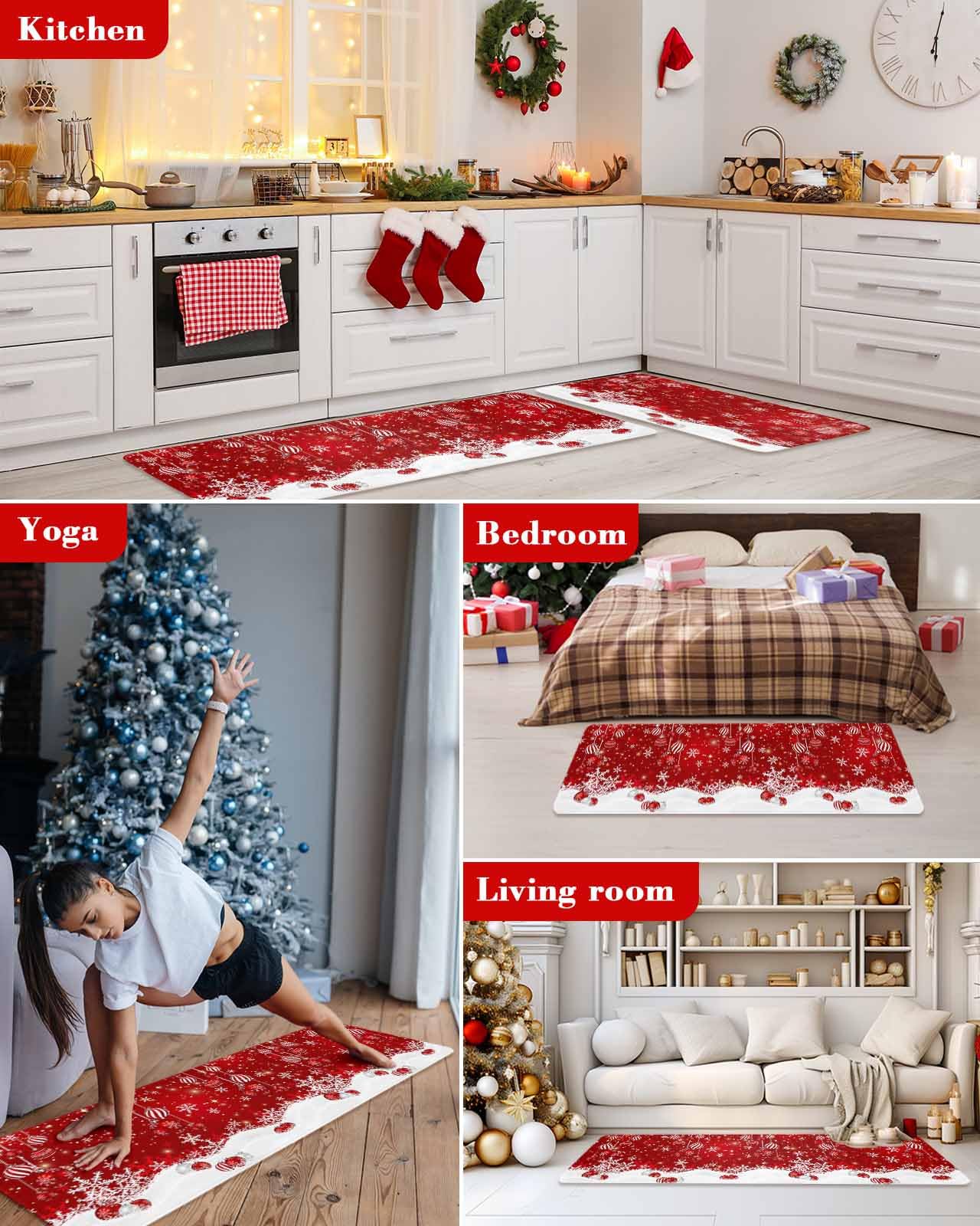 LUSWEET Xmas Kitchen Mat 2 Piece Christmas Kitchen Rugs Non Slip Winter Snowflake Mats Soft Glitter Sparkle Kitchen Runner Rug Water Absorbent Red Floor Mat for Kitchen,Sink,Laundry 16"x24"+16"x47"