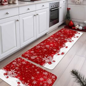 LUSWEET Xmas Kitchen Mat 2 Piece Christmas Kitchen Rugs Non Slip Winter Snowflake Mats Soft Glitter Sparkle Kitchen Runner Rug Water Absorbent Red Floor Mat for Kitchen,Sink,Laundry 16"x24"+16"x47"