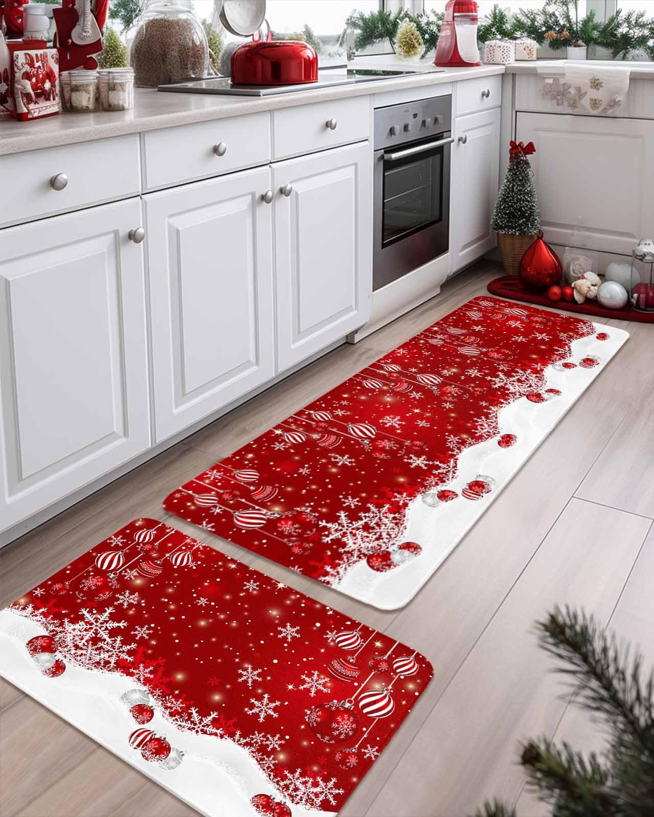 LUSWEET Xmas Kitchen Mat 2 Piece Christmas Kitchen Rugs Non Slip Winter Snowflake Mats Soft Glitter Sparkle Kitchen Runner Rug Water Absorbent Red Floor Mat for Kitchen,Sink,Laundry 16"x24"+16"x47"